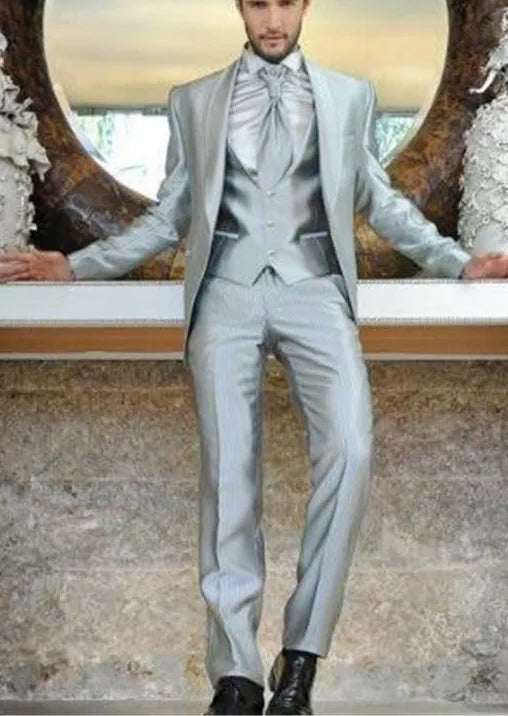 Slim Fit Shawl Lapel Shiny Silver Men's Satin Tuxedo Suits 3 Pieces CS – classbydress