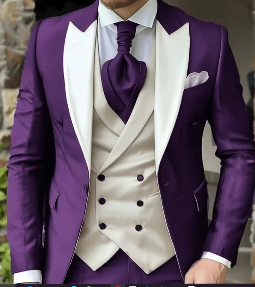 Purple /Ivory Mens 3 Piece Slim Fit Suit Wedding Prom Tuxedo Suit for ...