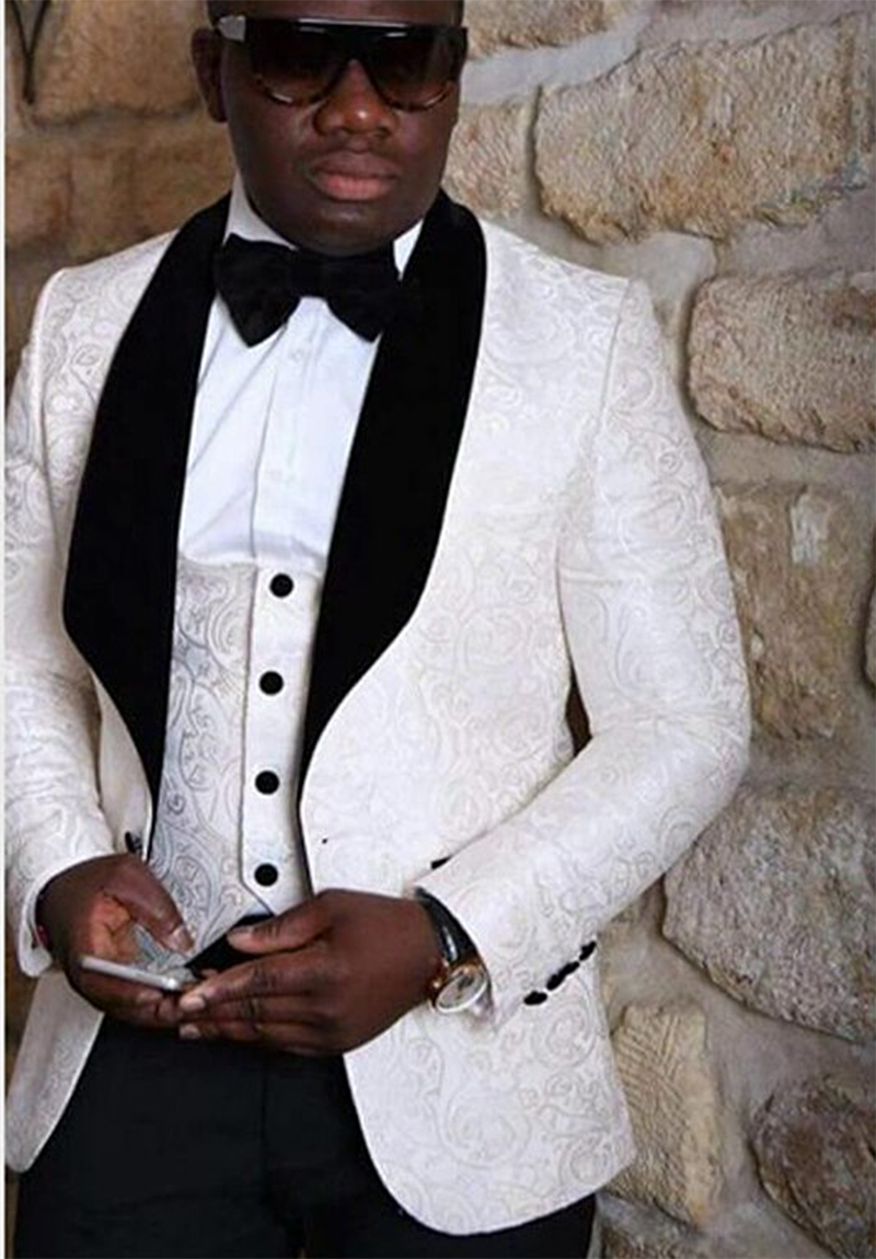 Chic Jacquard Pattern White and Black Groom Tuxedos Wedding Suits Cout ...