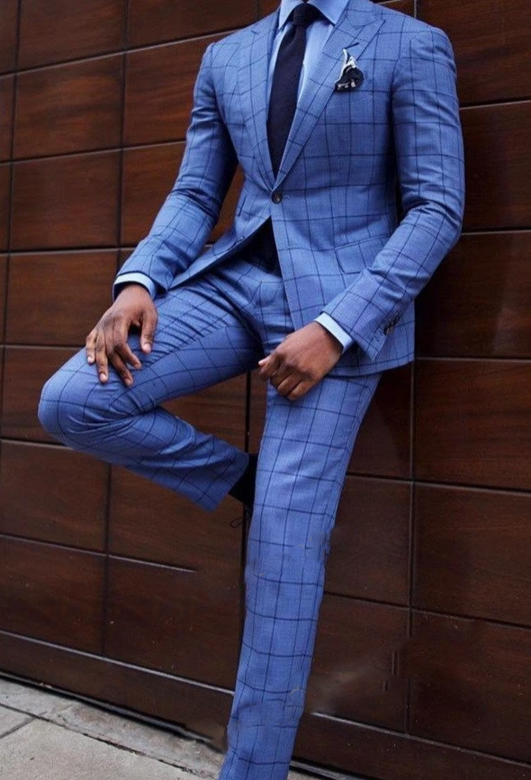 Blue Windowpane Check Suits Men for Wedding,Prom ,Business 2 Pieces ...