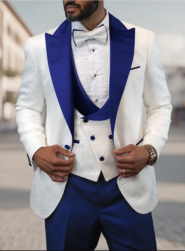 Ivory Paisley pattern Wedding Tuxedos with Blue Peak Lapel 3 Pieces Ja ...
