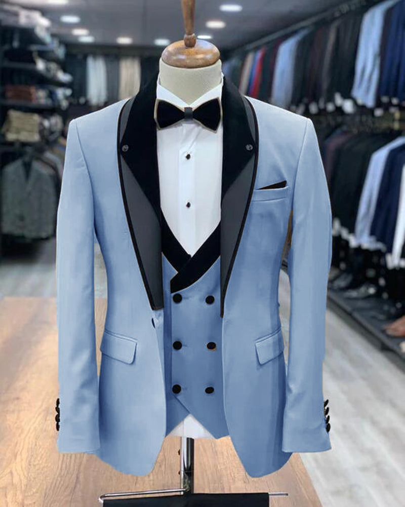Light Blue Prom Tuxedo ,Wedding Grom Suits with Black Lapel 3 Pieces C ...