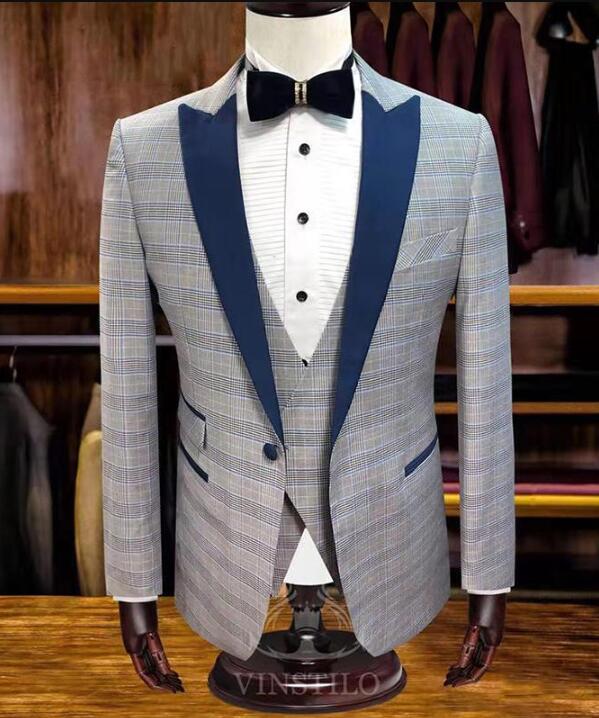 Elegant Checked Blue Tuxedo for Men Three Pieces jacket+vest+Black pan ...