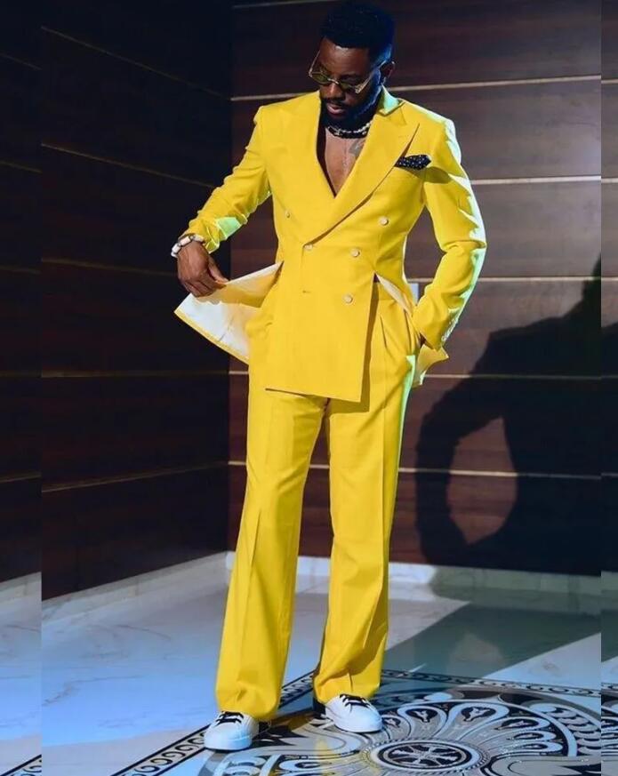 Styleish Bright Yellow Men's Suits Double Breasted Peaked Lapel Stage ...