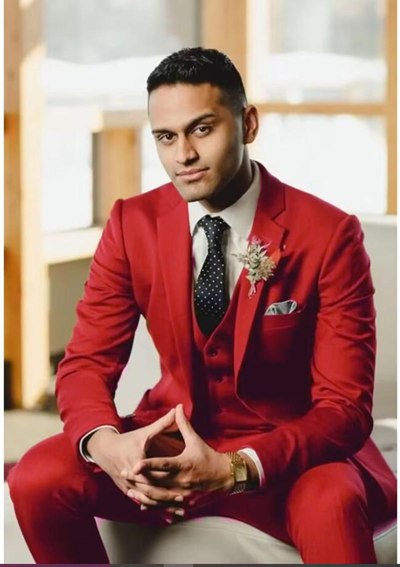 Red Prom Suits Men's Formal Wedding 3 Piece Jacket Pants Vest Slim Bla ...
