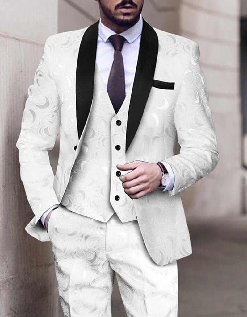 White Tuxedos with Black Lapel Rose Jacquard Rose Pattern Suits 3 Piec ...