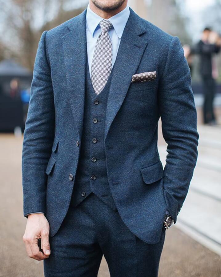 Wool Navy Blue Flannel Suits For Men, Besopke 3-piece Style Dress Suit ...