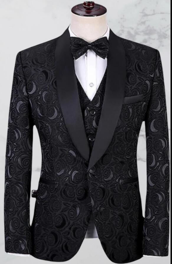 Black Rose Pattern Jacqaurd Tuxedo for Men 3 Pieces for Wedding/Prom/P ...