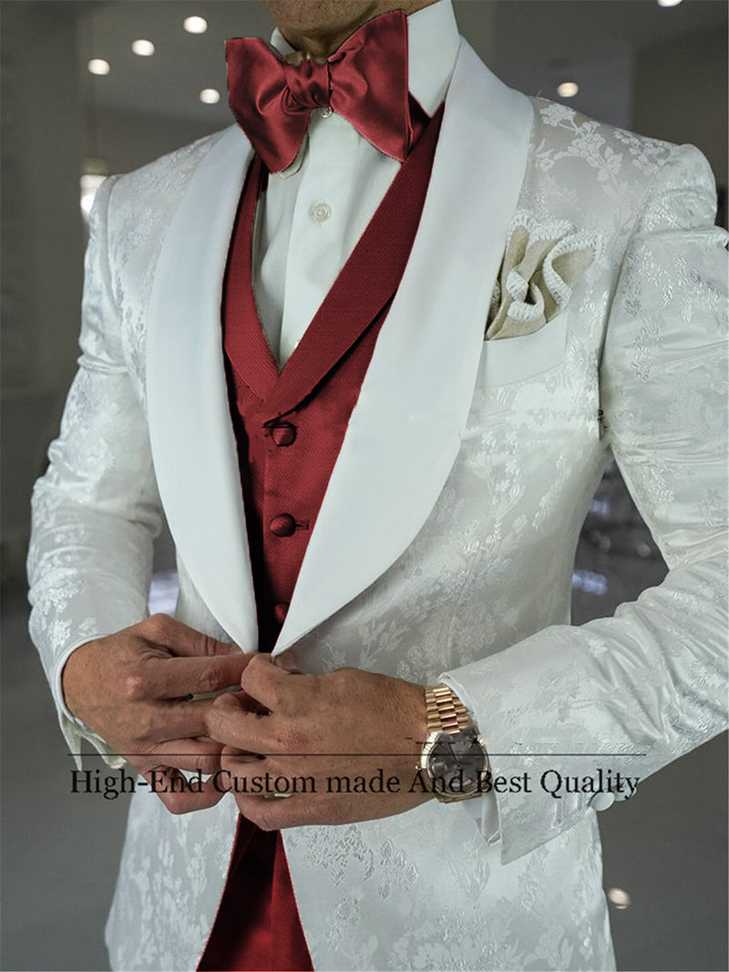 Ivory Jacquard Floral Pattern Groom Tuxedo suits with Red wine 3 Piece ...