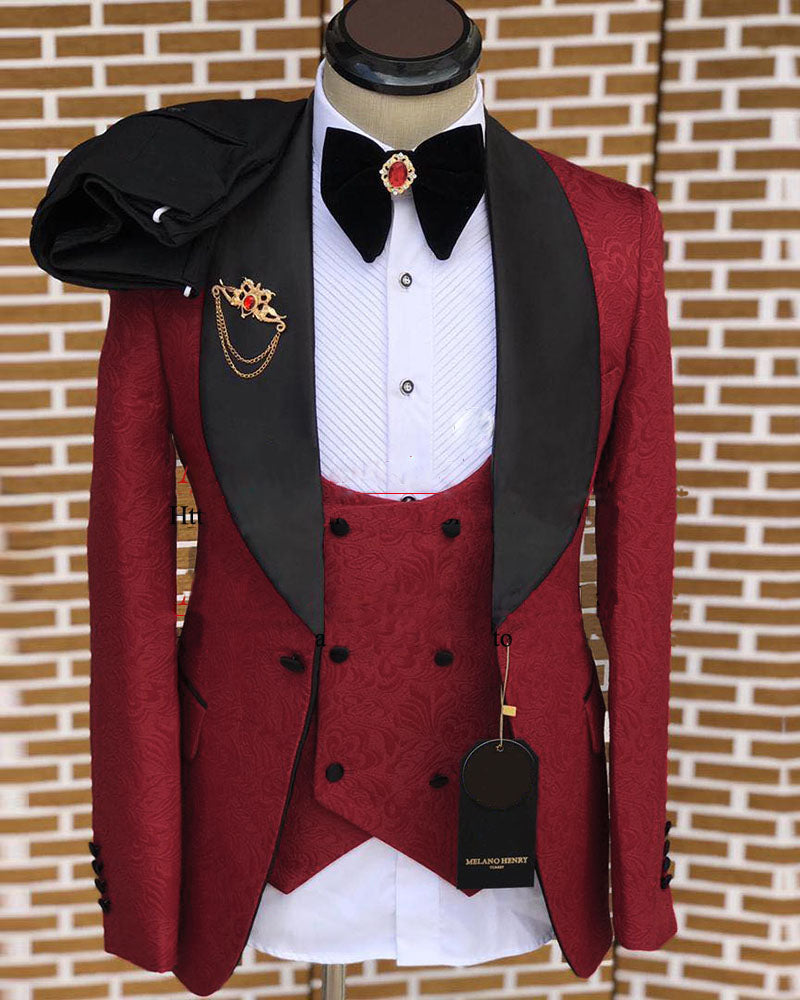 Burgundy Pattern Paisley Prom Tuxedo Suits for Men 3 Pieces CB3828 ...