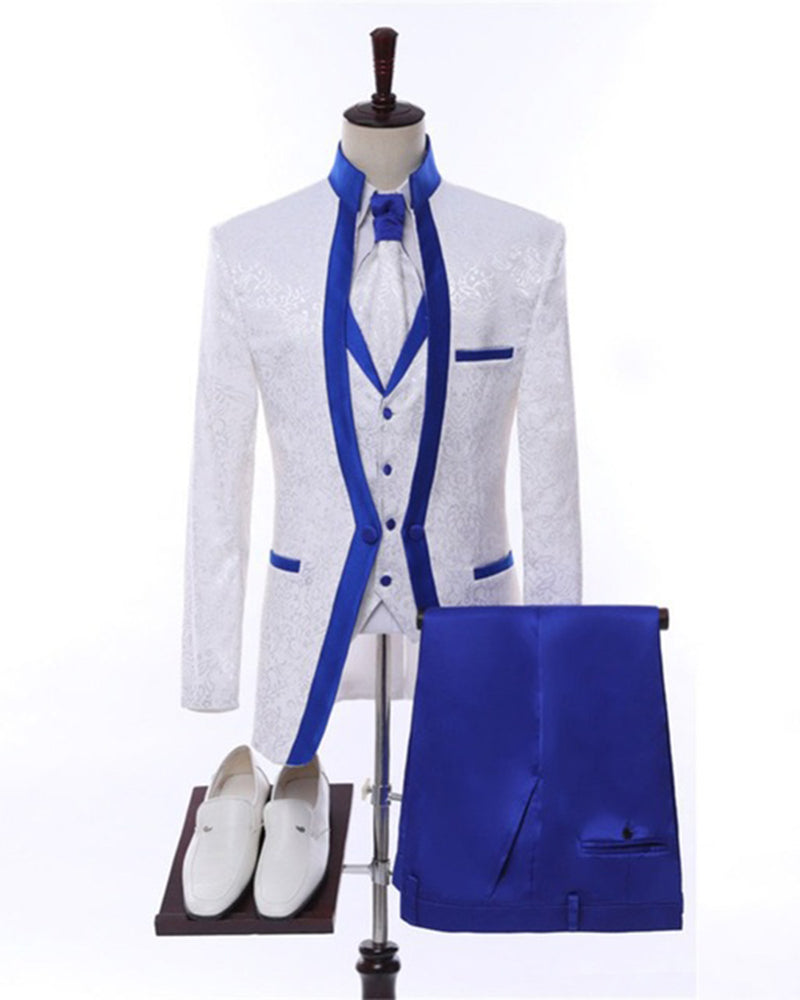 Royal Blue white Pattern Floral Groom Tuxedos Suits 3 Pieces jacket +v ...