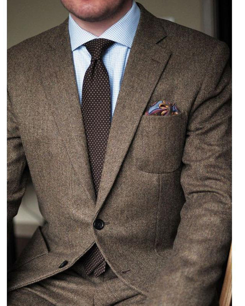 Brown Wool Tweed Winter Men Suit For Wedding Formal Groom Suit Herring ...