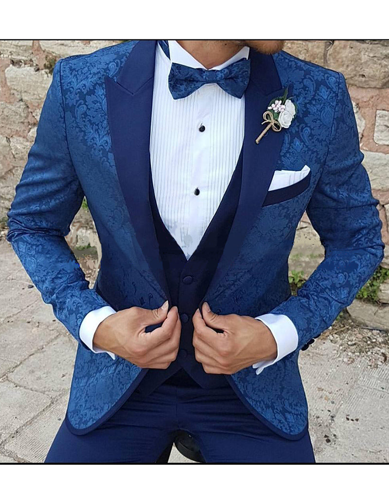 Blue 3 Pieces Slim Fit Jacquard Pattern Wedding Tuxedo Blazer Suits (J ...
