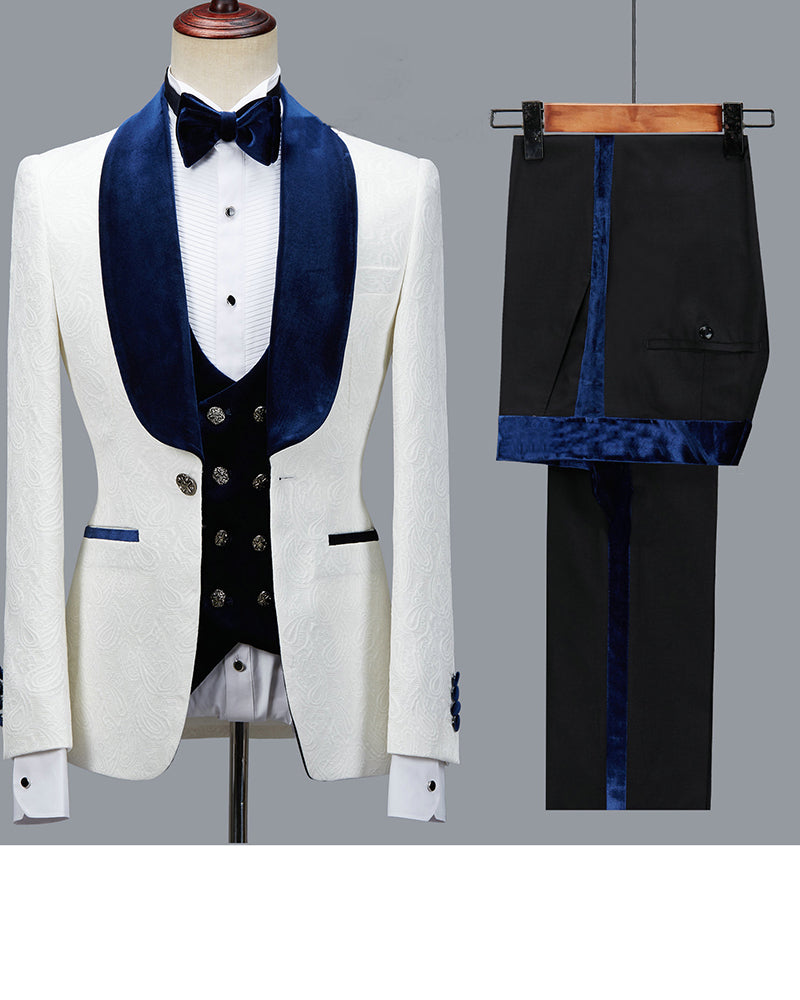 Roayl blue flannel Ivory Pattern Jacquard Wedding Suits for Men 3 Piec ...