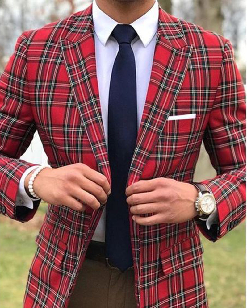 Peak Lapel Slim Fit Checked Pattern Plaid Red Suits Jackes for Men wit ...