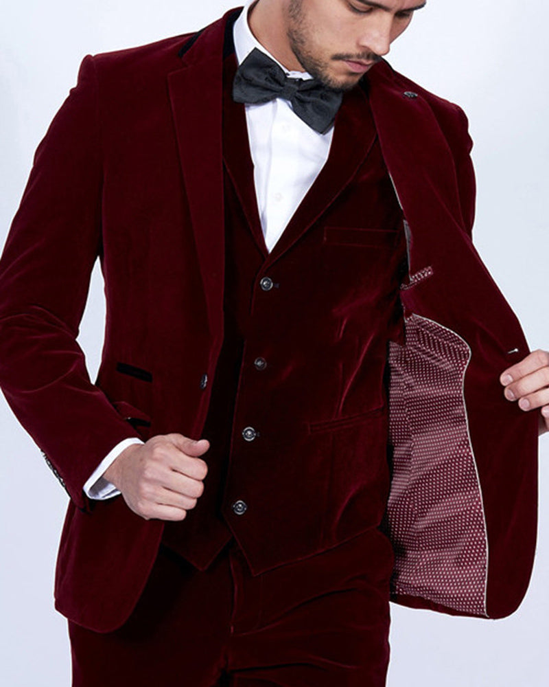 Burgundy Warm Velvet Wedding Suits for Winter 3 Pieces Coat +vest +pan ...