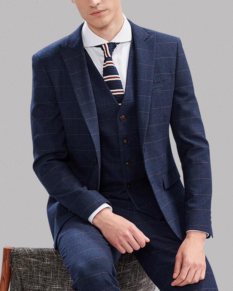 Gentlemen Checked Pattern Plaid Suits 3 Pieces Blue Men's Business Sui ...