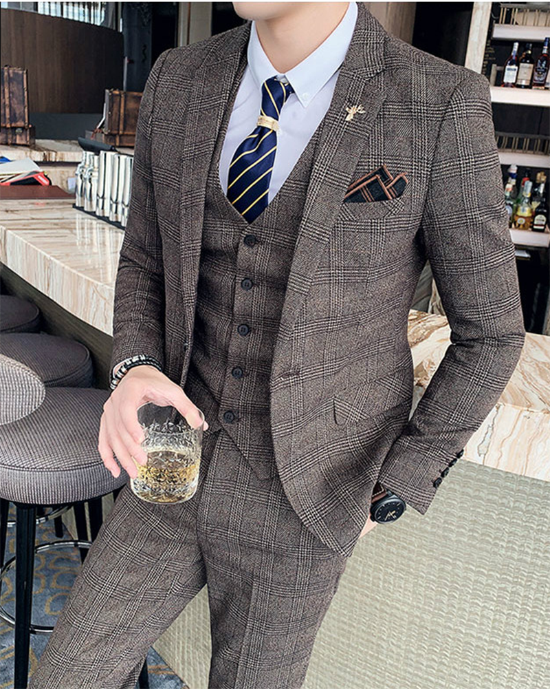 Gentlemen Navy/Brown/Gray Checked Suits for Men ,Formal Dress Wedding ...