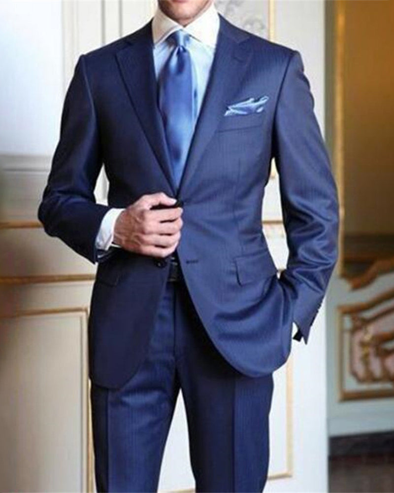 Navy Blue Wool Mens Suits Slim Fit 2 Piece Jacket Pants Set For Groom ...