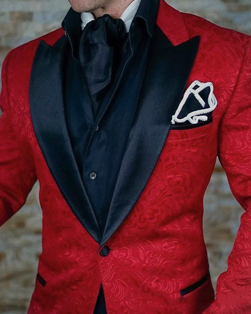 Jacquard Red Men's Tuxedo with Black Peak Lapel Outfits Formal Dinner ...